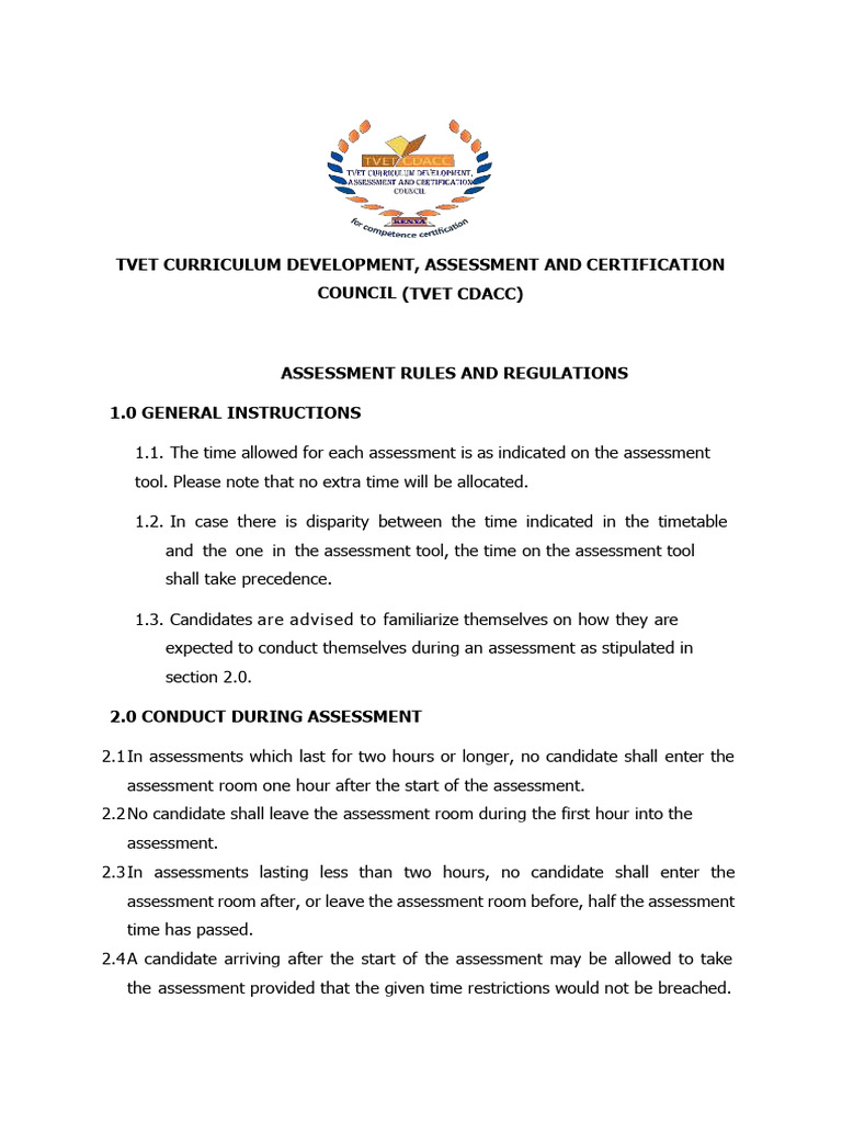 TVET Assessment Rules and Regulations | PDF | Justice | Crime & Violence