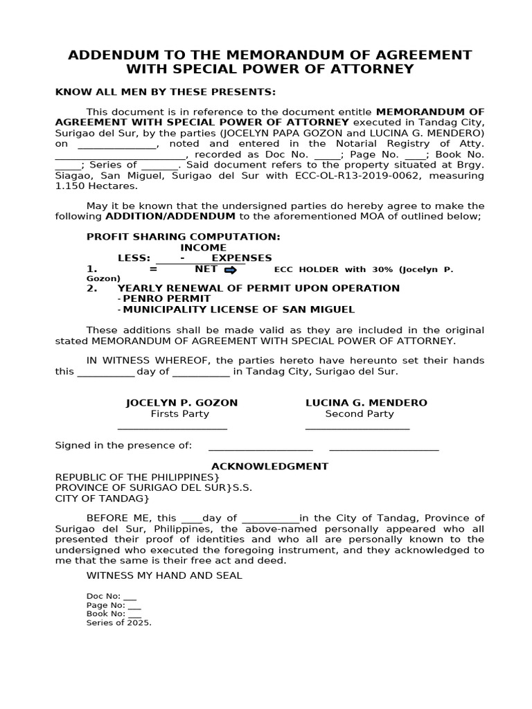 Addendum To The Memorandum of Agreement - Jocelyn Gozon | PDF