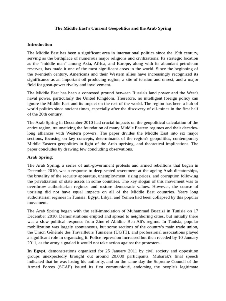 The Middle East's Current Geopolitics and The Arab Spring | PDF | Arab ...