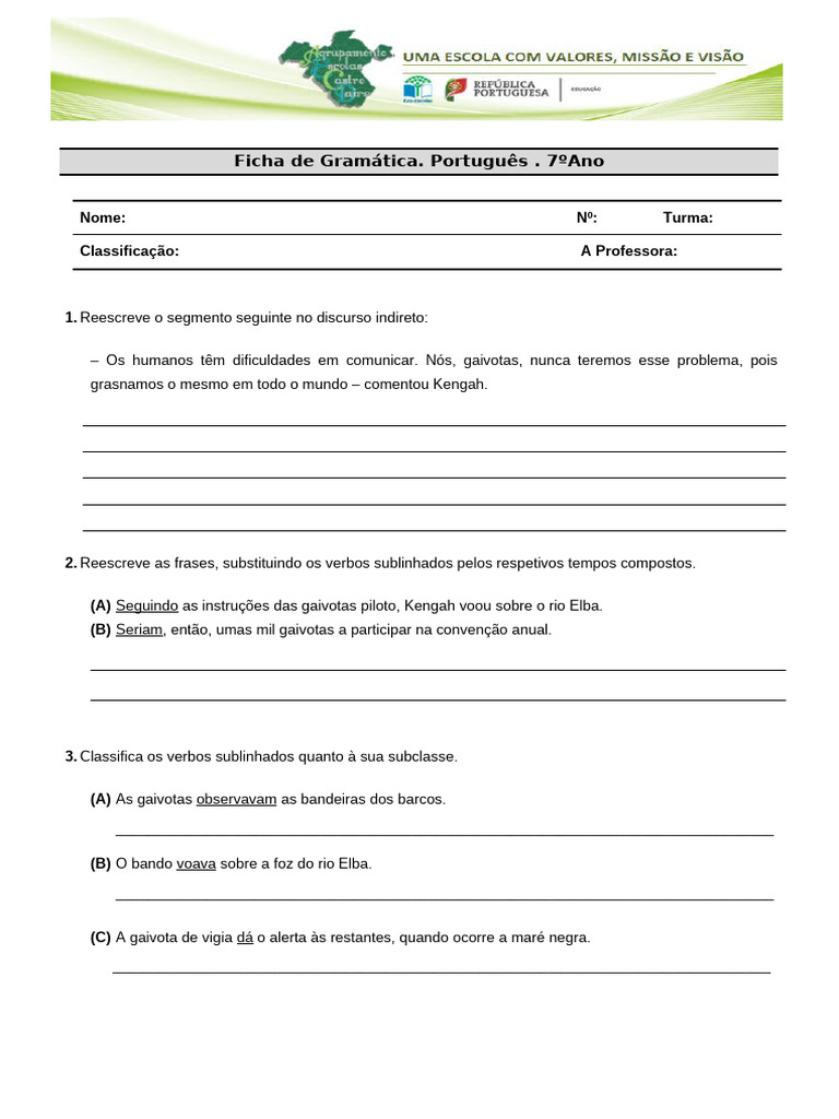 FICHA DE GRAMÁTICA 7º Ano | PDF | Assunto (gramática) | Gatos
