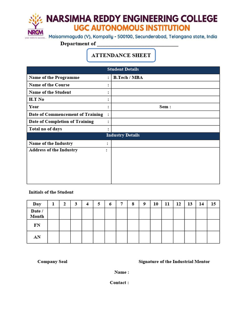 Daily Diary, Attendance Sheet and Evalaution Sheet | PDF | Learning | Cognition