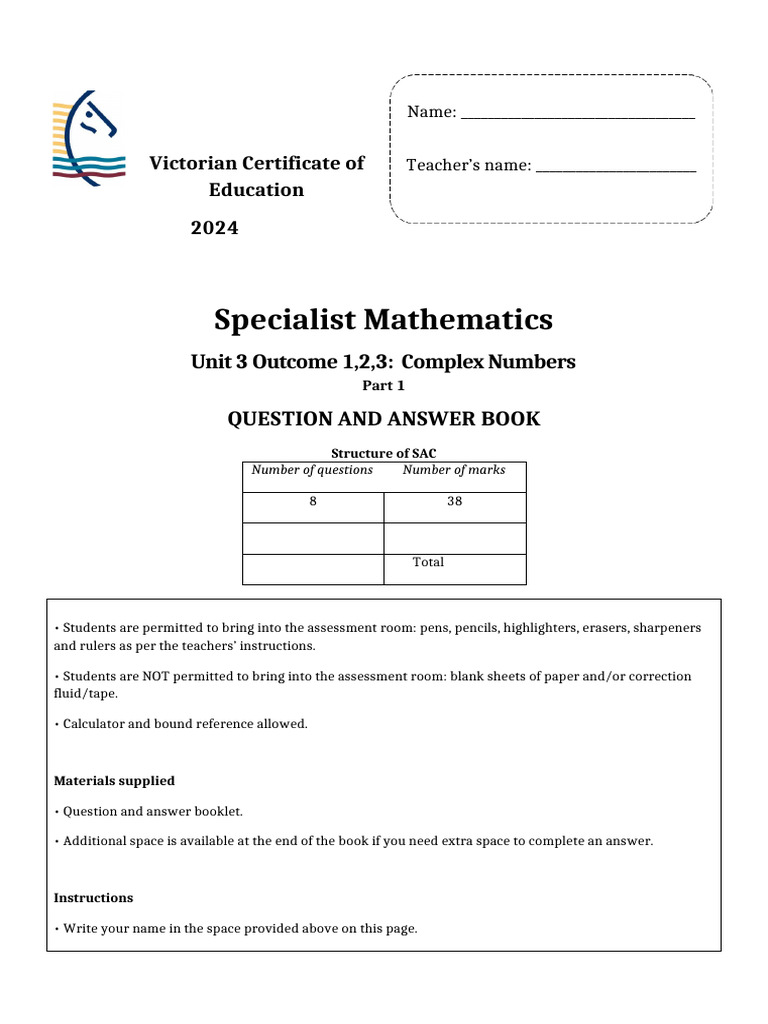 VCE 2024 Specialist Maths SAC Complex Numbers | PDF | Complex Number ...