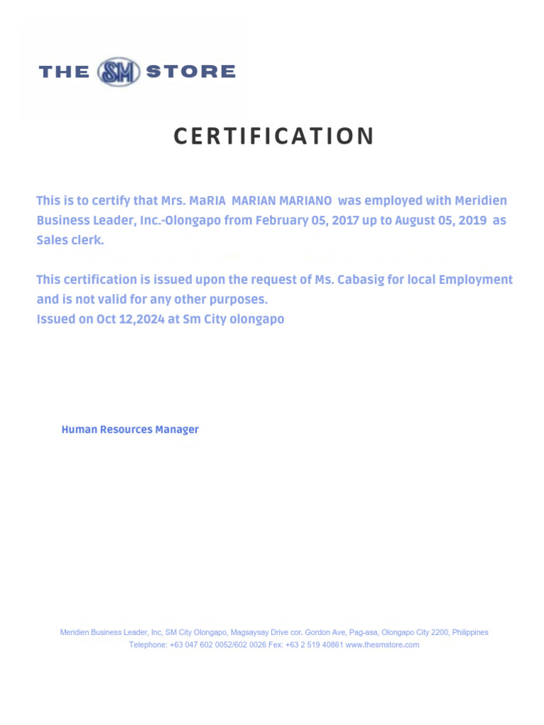 Employment Certification for Maria Mariano | PDF