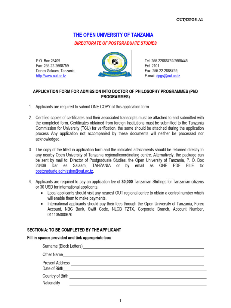 PHD APPLICATION FORM UPDATE JULY 2021 | PDF | Doctor Of Philosophy | Tanzania