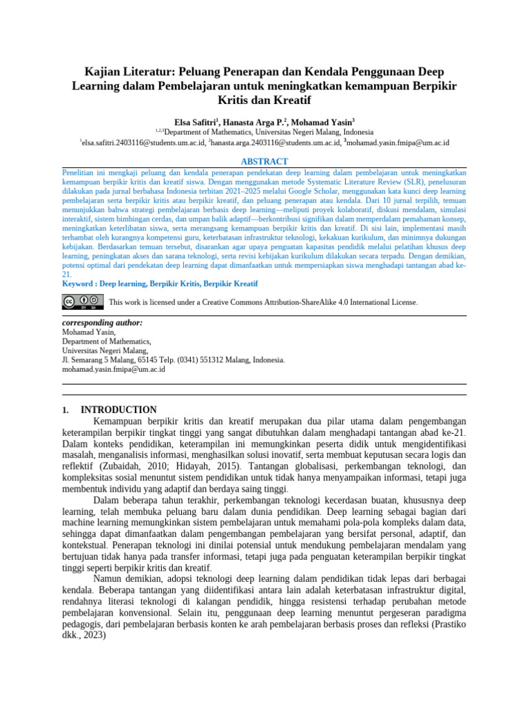Kajian Literatur: Peluang Penerapan Dan Kendala Penggunaan Deep Learning Dalam Pembelajaran ...