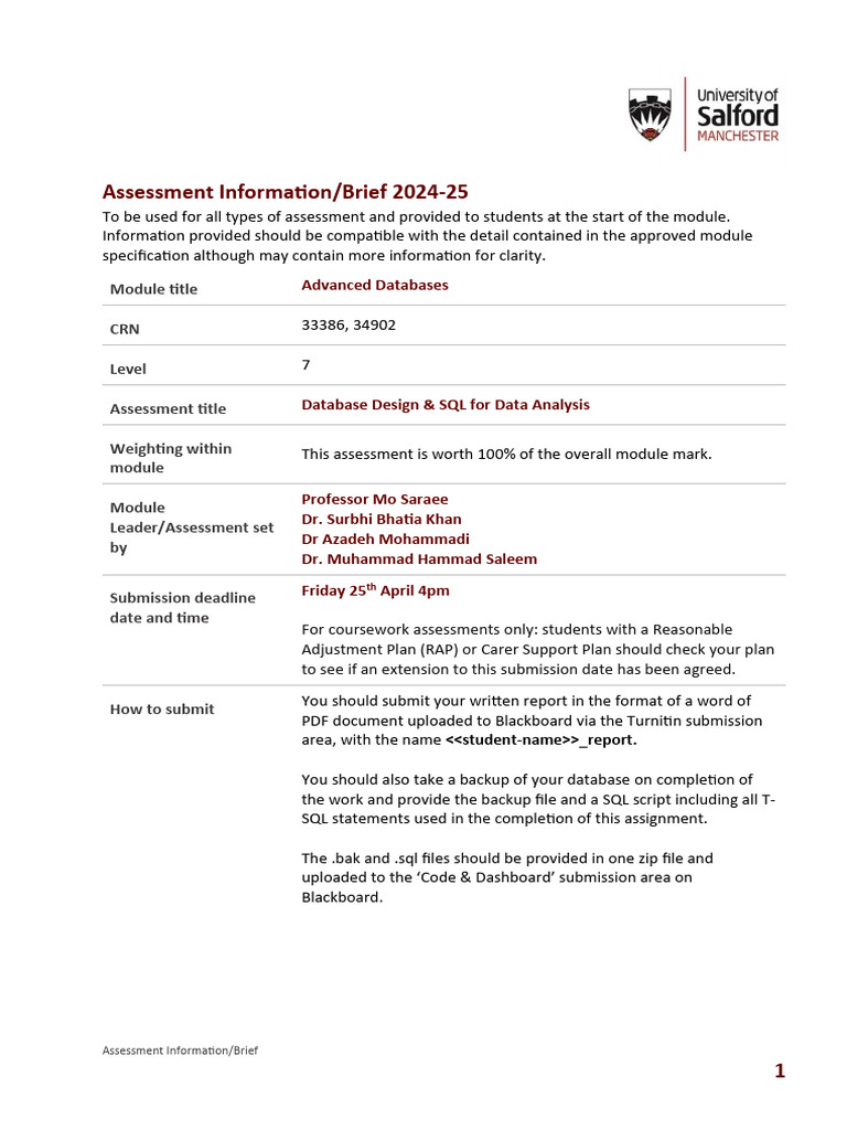 Advanced Databases Assignment Brief and Marking Criteria | PDF | Databases | Database Design