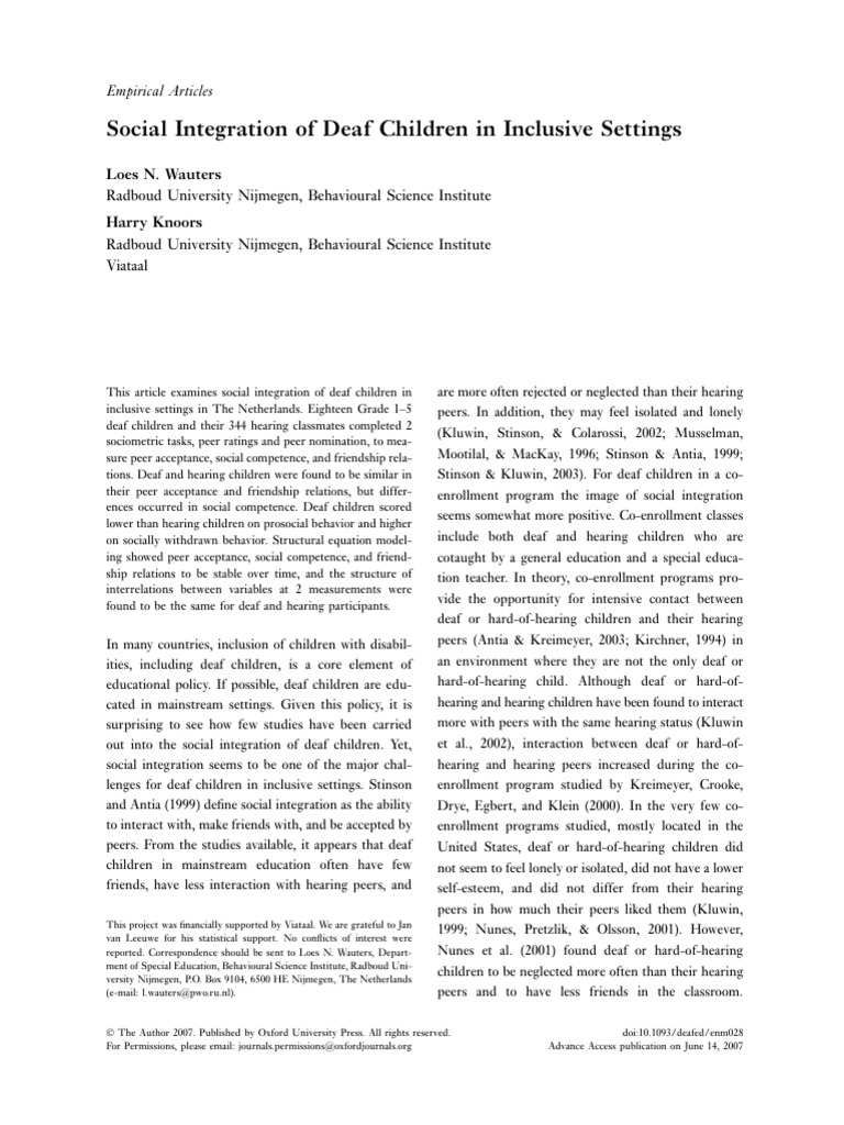 Social Integration of Deaf Children | PDF | Deafness | Hearing Loss