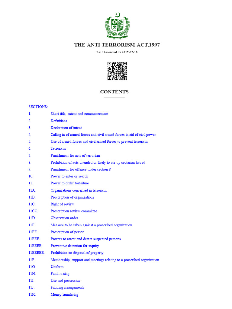 The Anti Terrorism Act 1997 As Amended Upto Feb 2017 1 | PDF | Search Warrant | Arrest