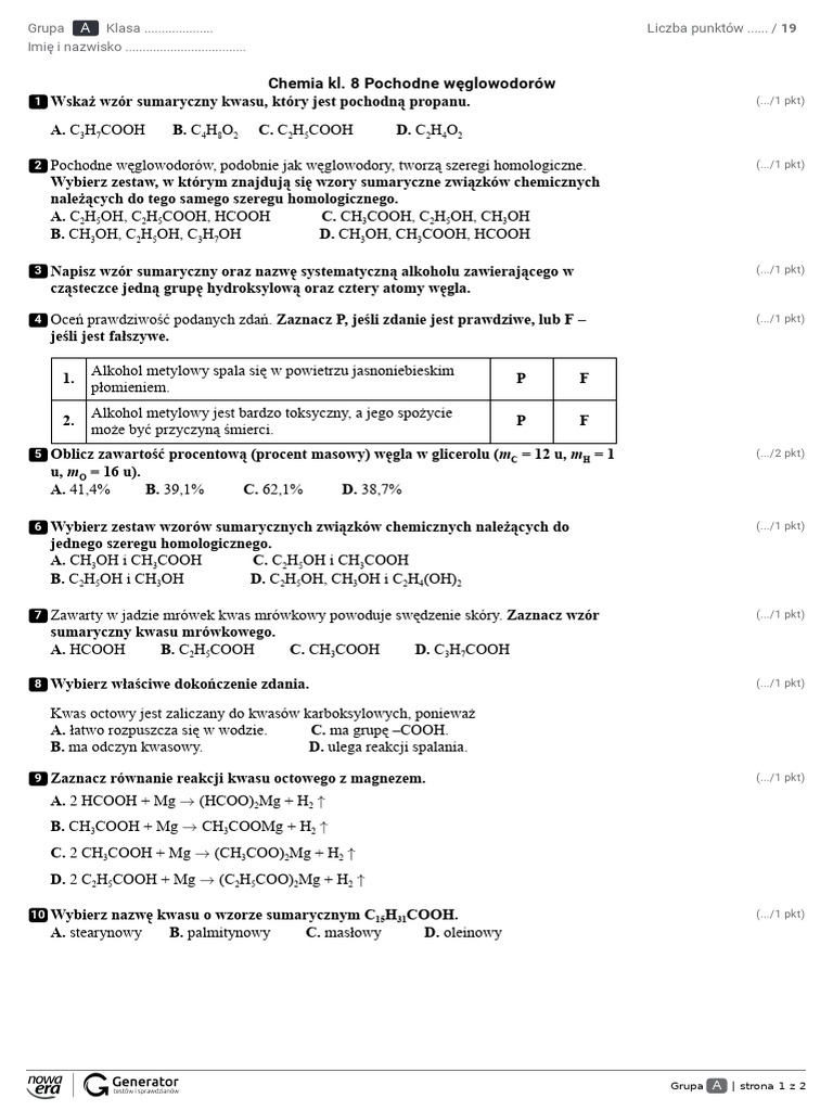 Chemia Kl. 8 Pochodne Węglowodorów. Test 11.05.2020 | PDF