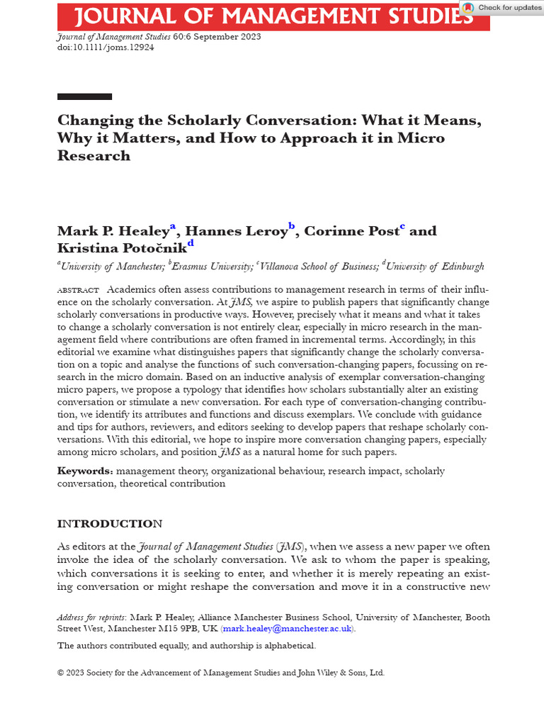 JMS - 2023 - Healey - 改变学术对话：它意味着什么，为什么它很重要，以及如何在微观研究中接近它 | PDF ...