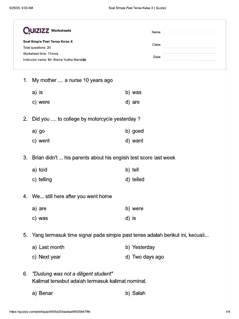 Simple Past Tense Quiz | PDF