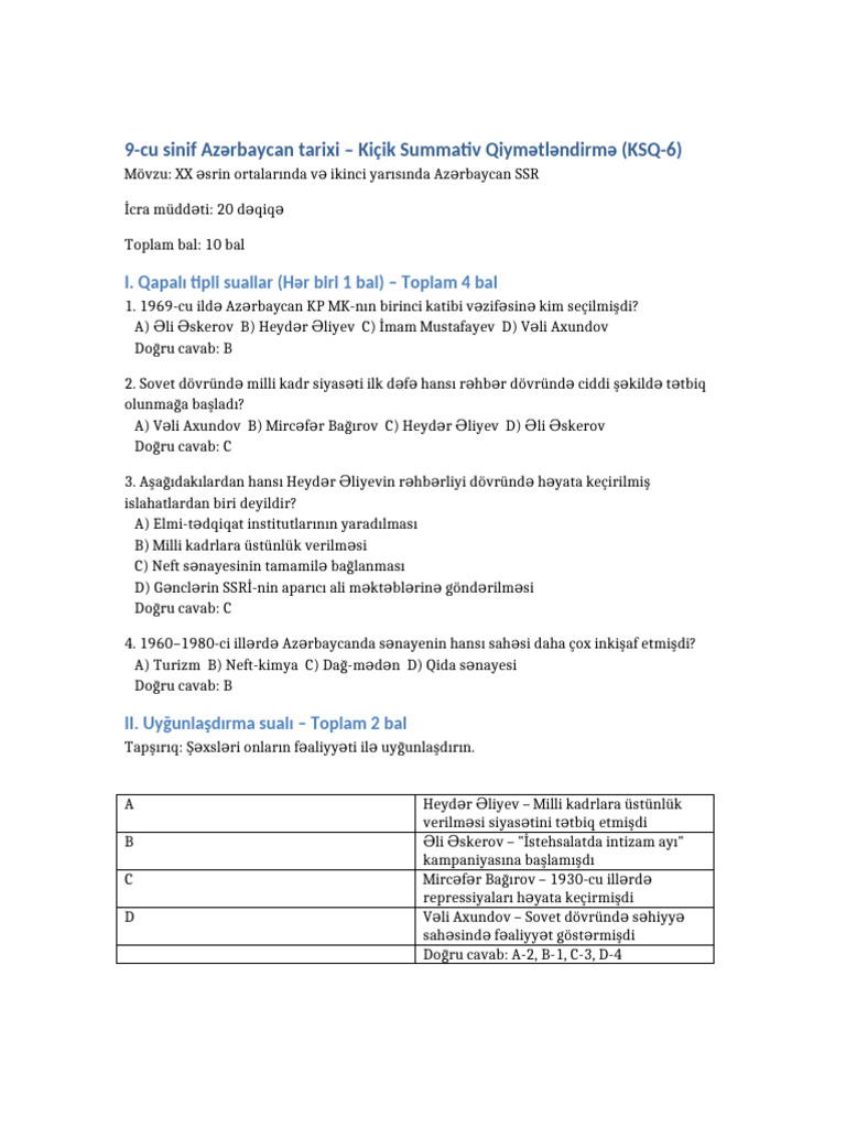 9 Sinif Tarix KSQ6 | PDF