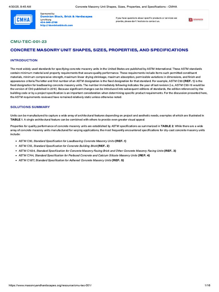 Concrete Masonry Unit (CMU) Shapes, Sizes, Properties, and Specifications - CMHA | PDF ...