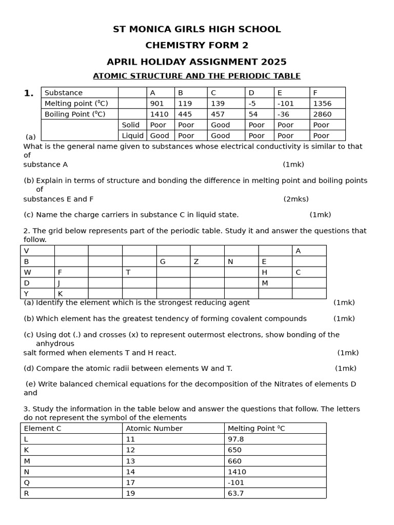 Form 2 April Holiday Assignment Chemistry | PDF | Chemical Elements | Chemical Bond