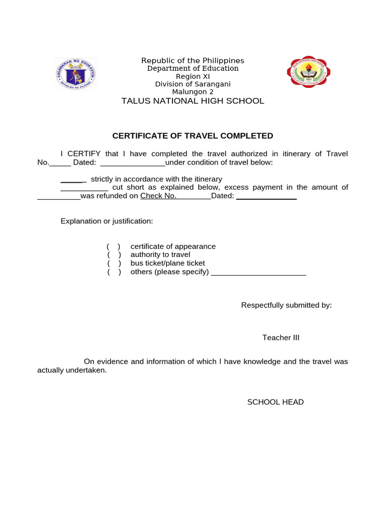 Certificate of Travel Completed. | PDF