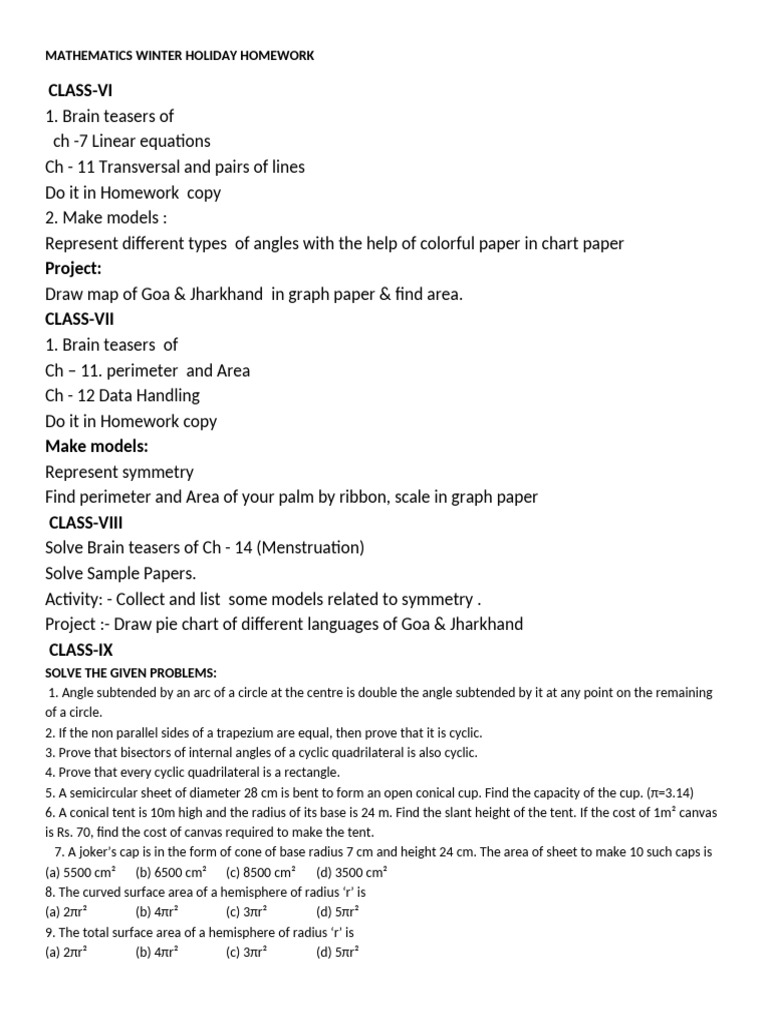 Winter Holiday Math Homework for Classes VI-X | PDF | Sphere | Area