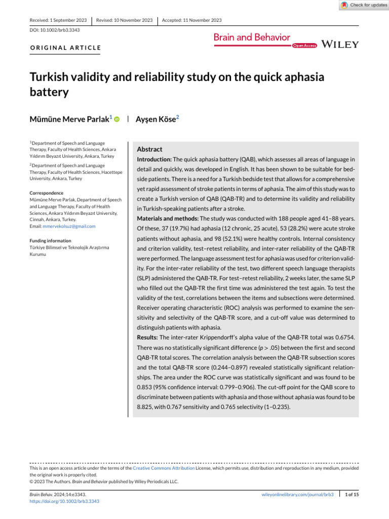 Turkish Quick Aphasia Battery Study | PDF | Aphasia | Validity (Statistics)