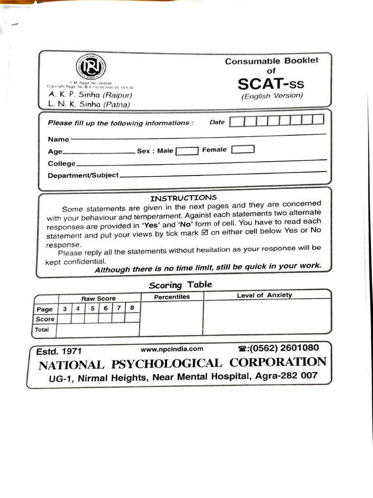 Practical 1 Sinha Comprehensive Anxiety Test | PDF | Psychology ...