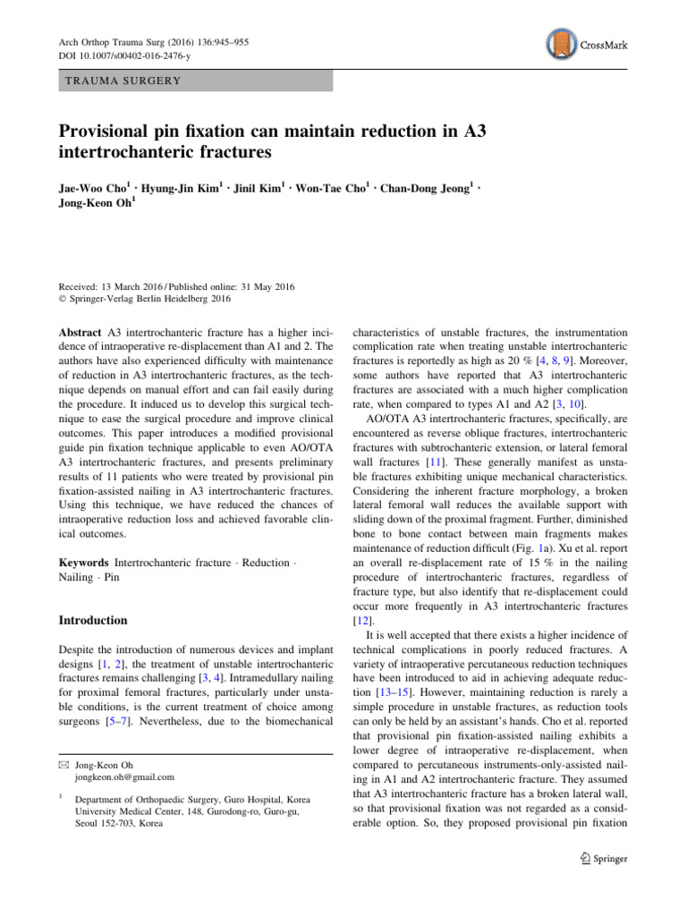 Provisional Pin Fixation Can Maintain Reduction in A3 Intertrochanteric ...