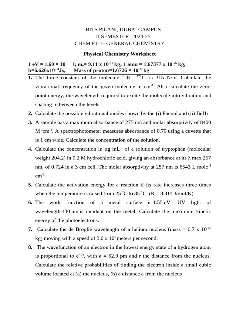 Physical Chemistry Worksheet | PDF | Molecules | Energy Level