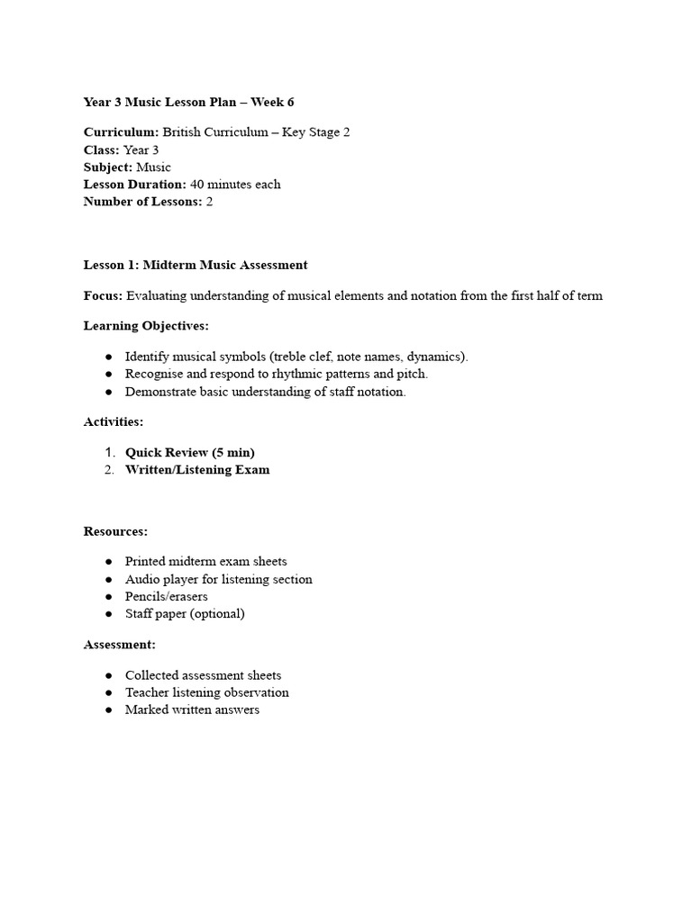 Year 3 Music Lesson Plan - Week 6 | PDF