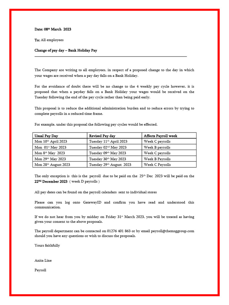 Change of Pay Day for Bank Holidays | PDF