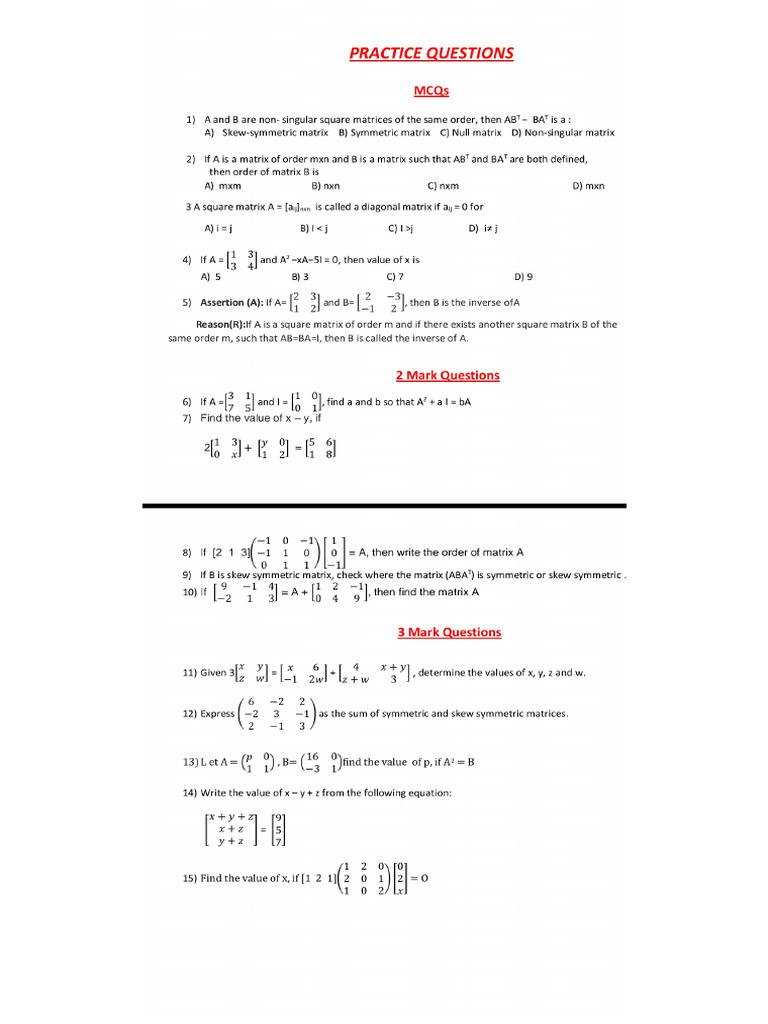 Practice Questions - Matrix and Determinants. | PDF