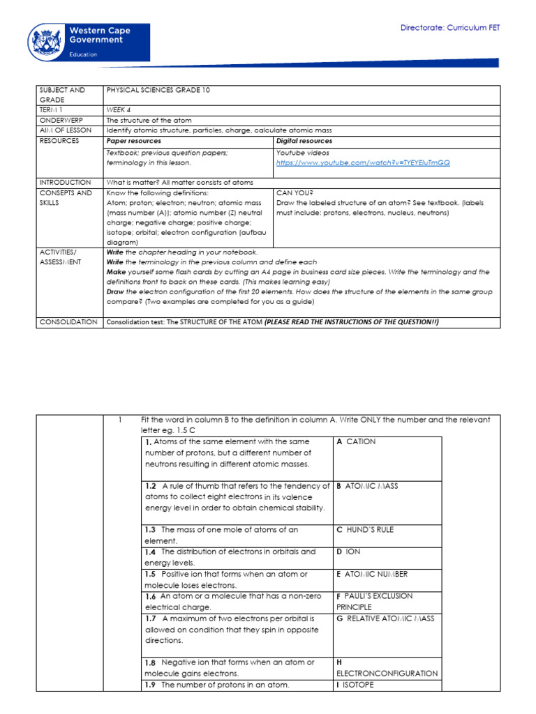 Grade 10 Physical Sciences: Atomic Structure | PDF | Atoms | Ion