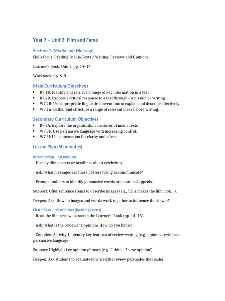 Year 7 Film Review Writing Guide | PDF