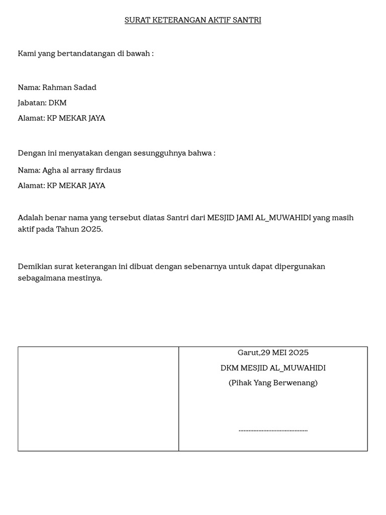 Contoh Surat Keterangan Aktif Santri - Docx - 20250529 - 154432 - 0000 | PDF