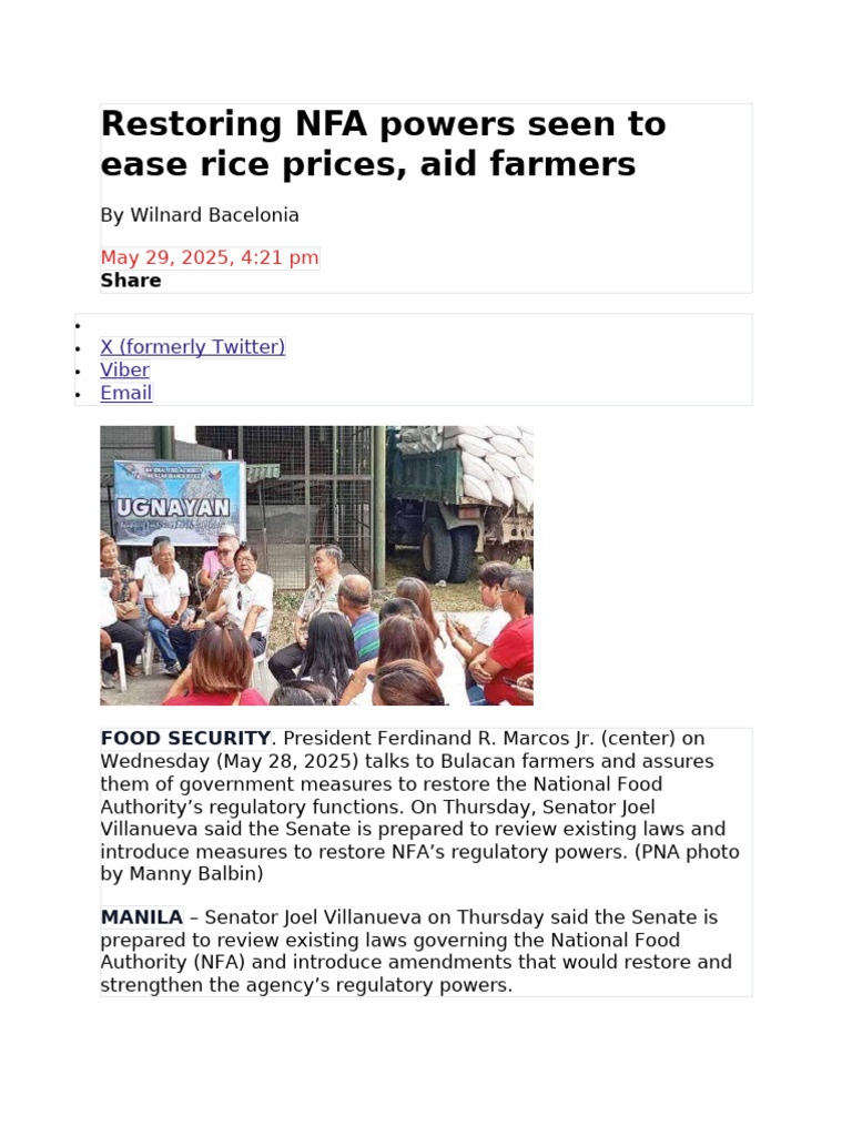 Restoring NFA Powers Seen To Ease Rice Prices, Aid Farmers | PDF