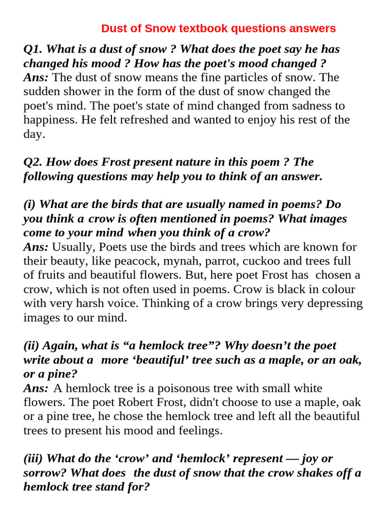 2.b.dust of Snow Text Book Questions | PDF | Mood (Psychology) | Mental ...
