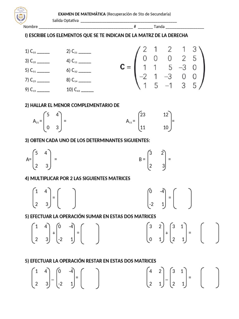 Examen de Matrices Recuperacion | PDF