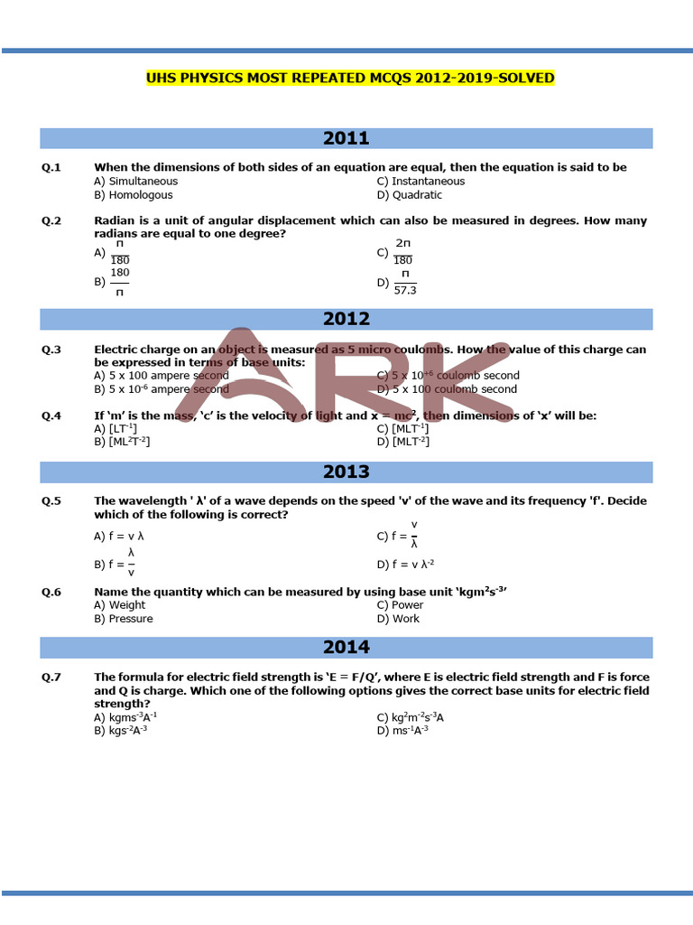 Uhs Physics Most Repeated MCQS 2008-2021-Solved | PDF | Deformation (Engineering) | Elasticity ...