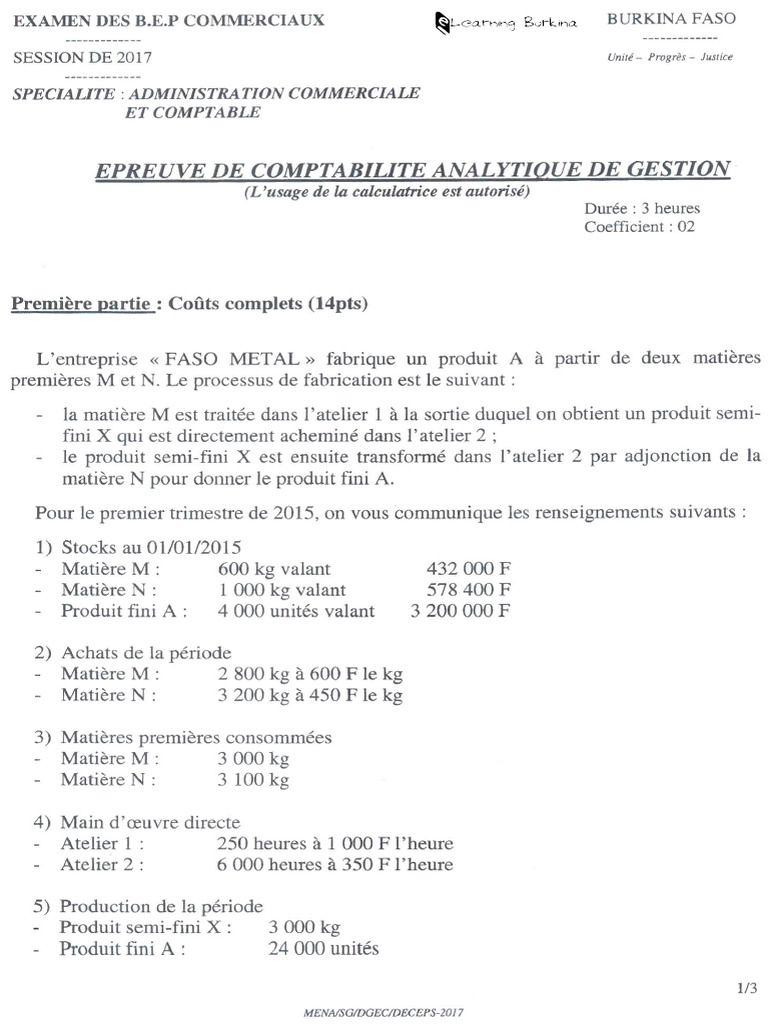 BEP 2017 Comptabilit Analytique de Gestion | PDF