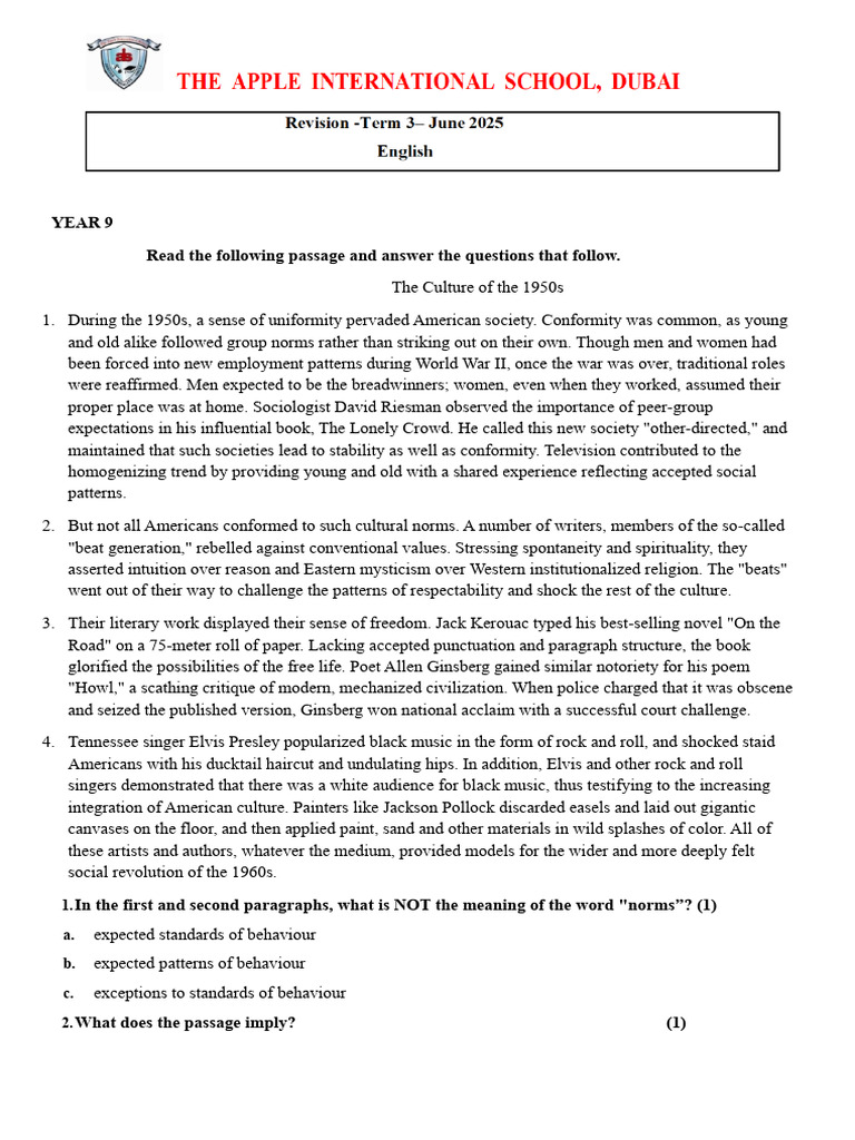 Year 9 Revision Worksheet 1 2025 | PDF | The Tempest | Allen Ginsberg
