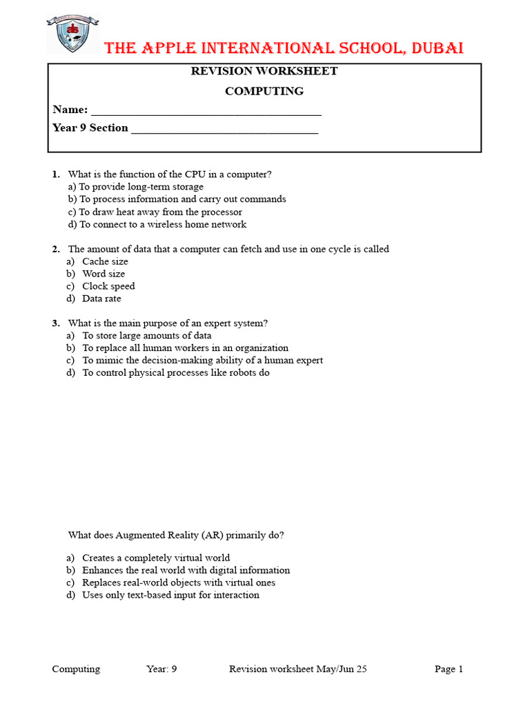 Computing Term 3 Revision Worksheet - Year 9 | PDF | Computer Data ...