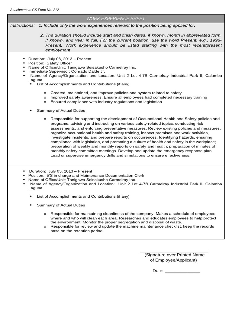 CS Form No. 212 Work Experience Sheet | PDF | Occupational Safety And ...