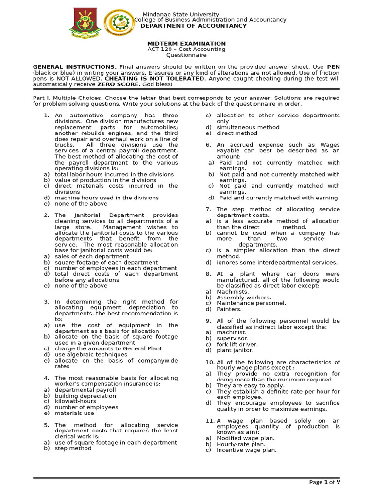 Cost Accounting Midterm Exam Questionnaire | PDF | Employment | Payroll