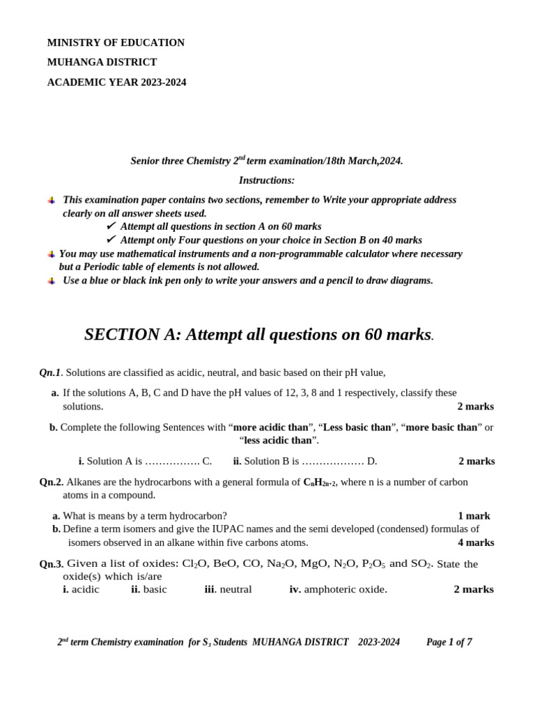 S3 Chemistry 2nd Term Exam 2023-2024 | PDF | Salt (Chemistry) | Hydroxide