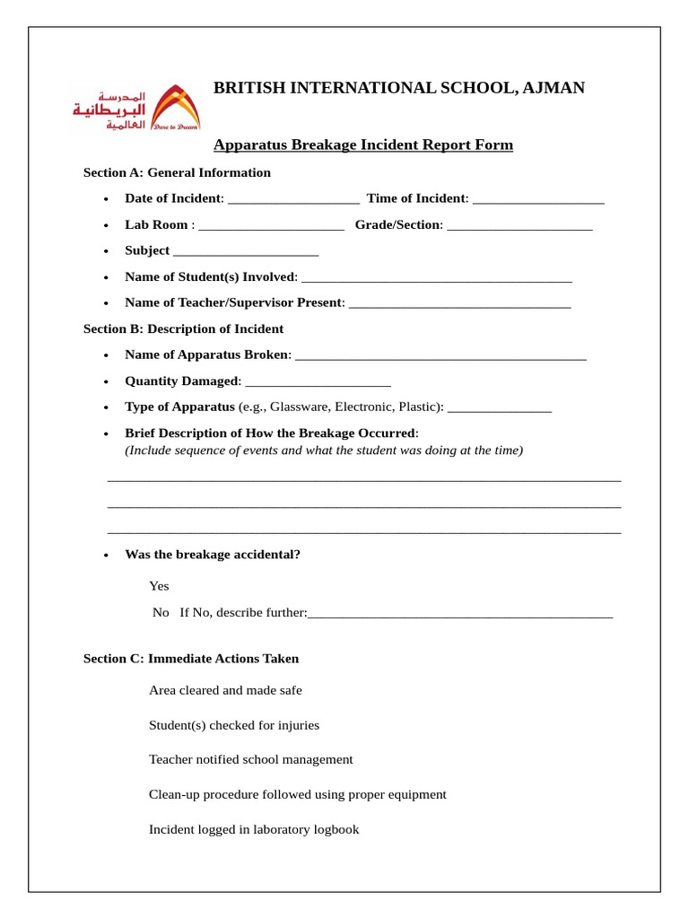 Apparatus Breakage - Incident Report Form | PDF