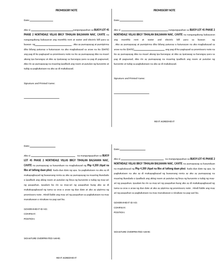 PROMISSORY NOTE and Rent Agreement Long Bond Paper | PDF