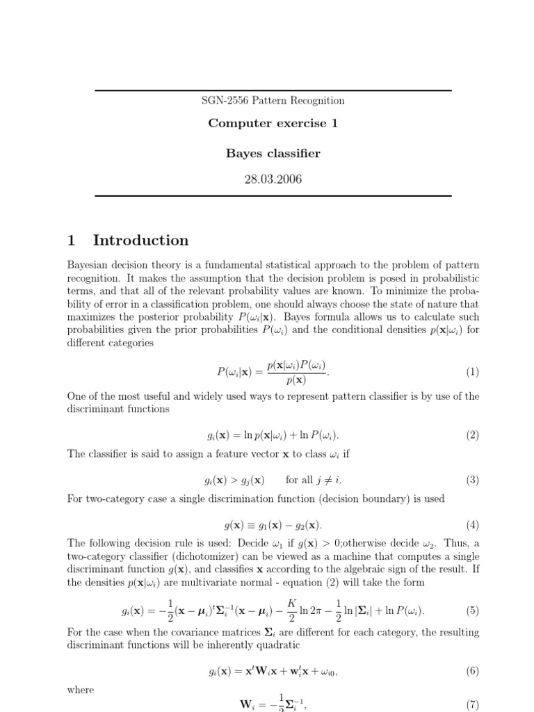 Bayes Classifier Exercise 1 Pdf Pattern Recognition Covariance