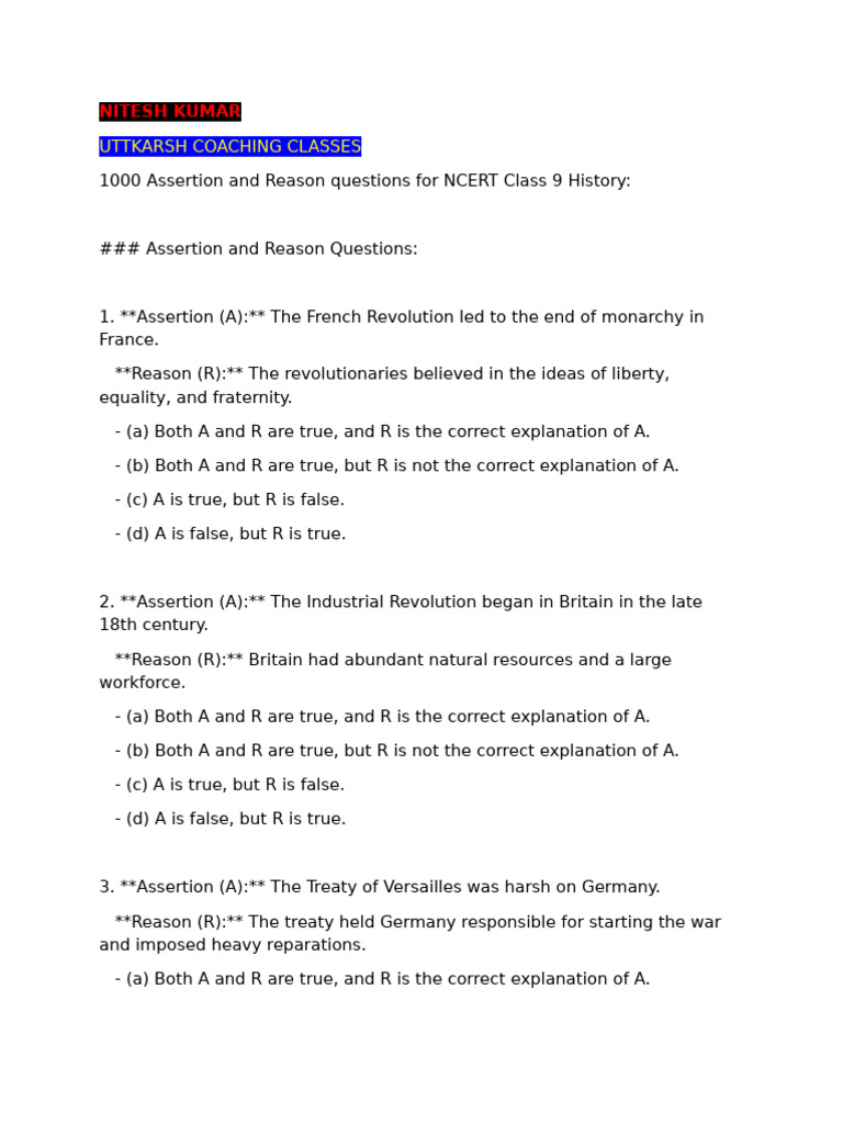 Assertion and Reason Questions for Class 9 History | PDF