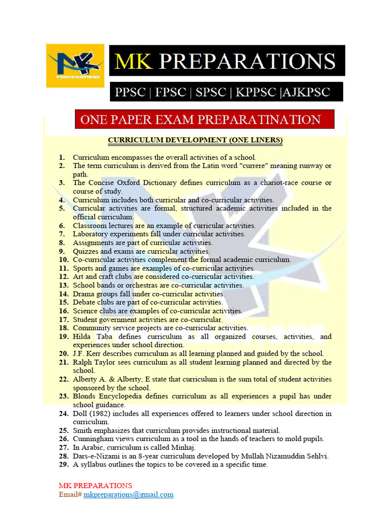 Curriculum Development One Liners | PDF | Curriculum | Philosophy Of Education