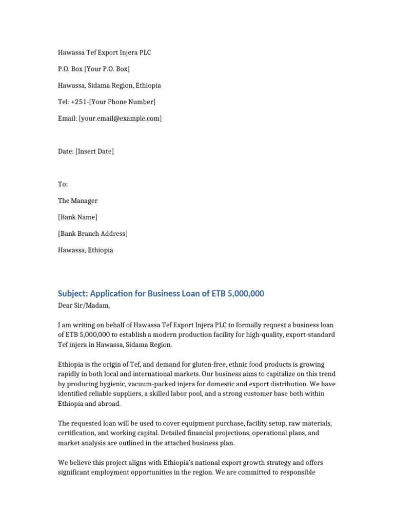 Tef Injera Loan Application Letter | PDF