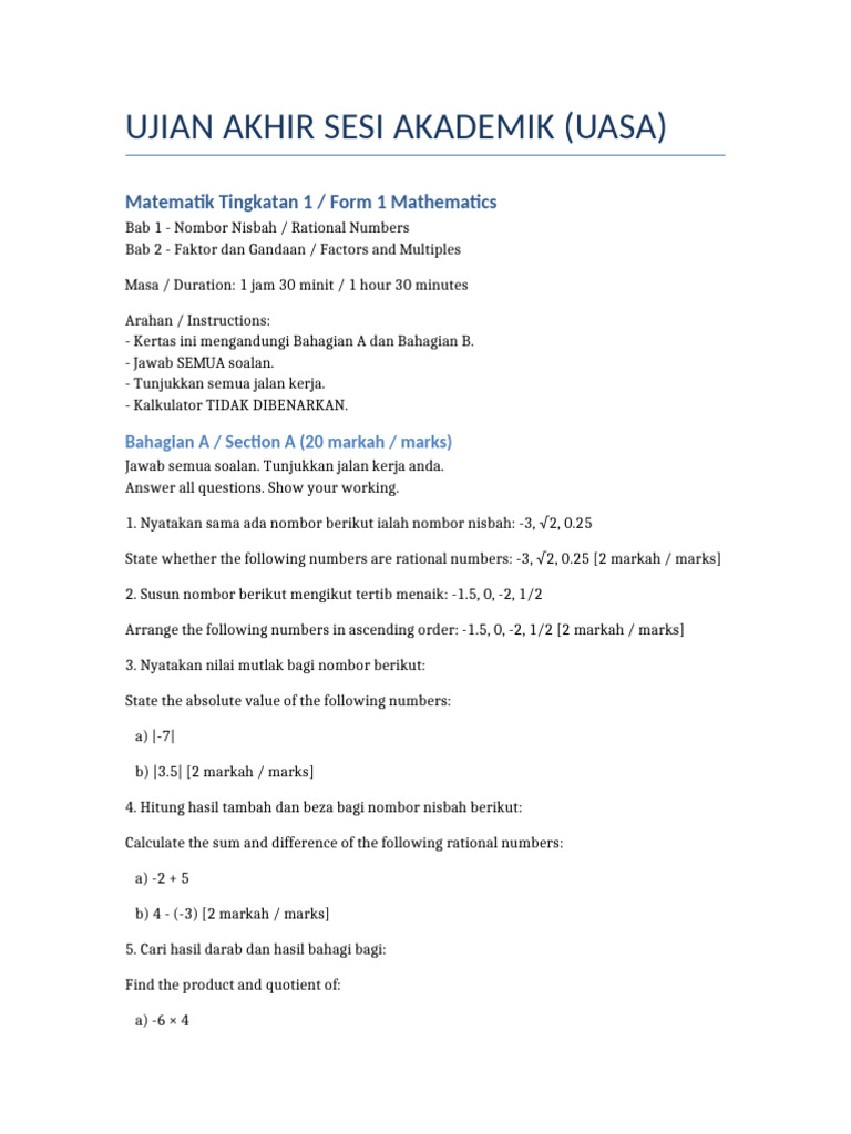 UASA Form1 Math DLP RationalNumbers FaktorGandaan | PDF