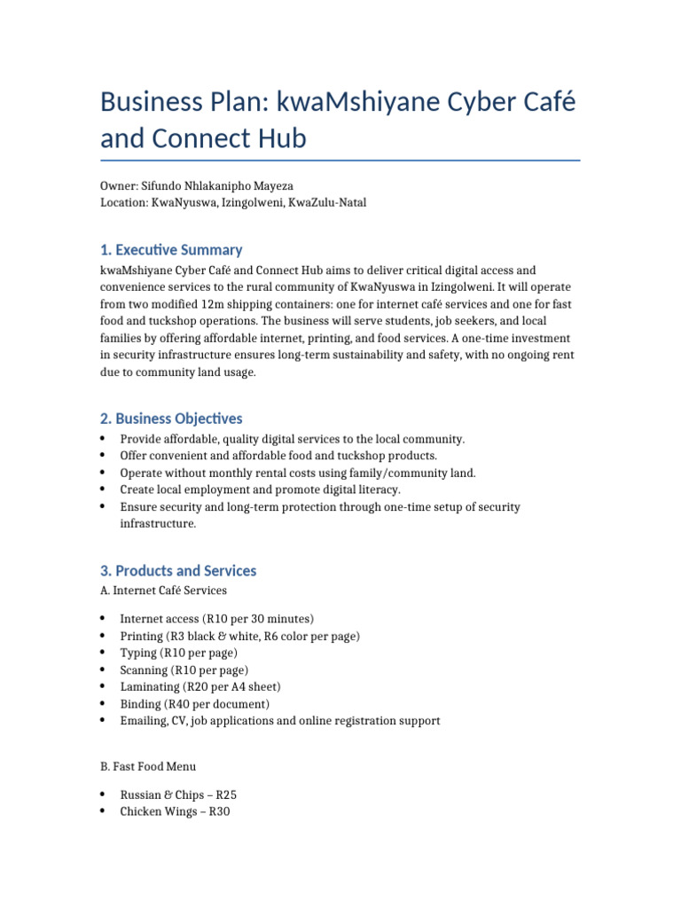 kwaMshiyane Cyber Café Business Plan | PDF