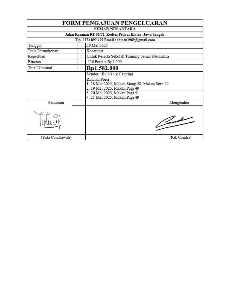 Form Pengajuan Pengeluaran - Konsum Sekolah Training - XLSX - 20-05-25 | PDF