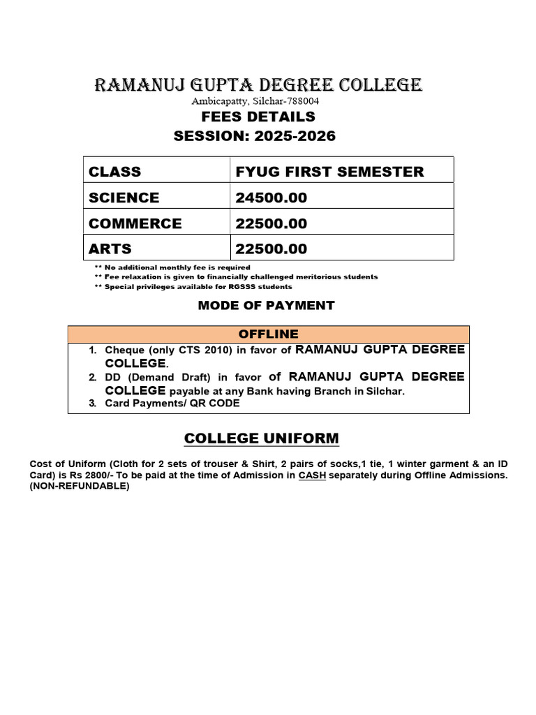 Admission Fees For 1st Semester | PDF